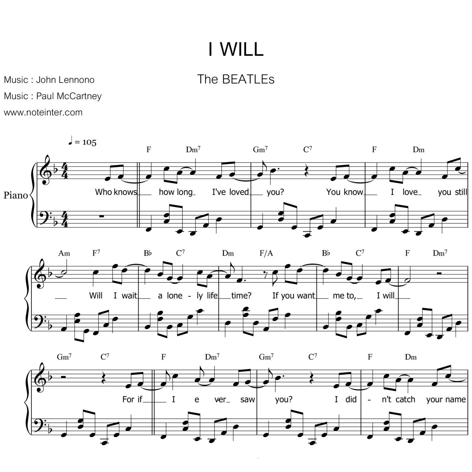 I Will (The Beatles) โน้ตเปียโน - www.notepiano.net