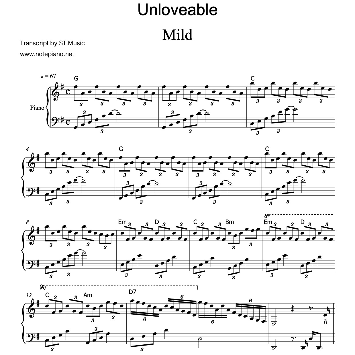 Unloveable (MILD) โน้ตเปียโน - www.notepiano.net